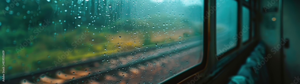 Misty Train Window Rain Streaks - A view through a train window covered ...