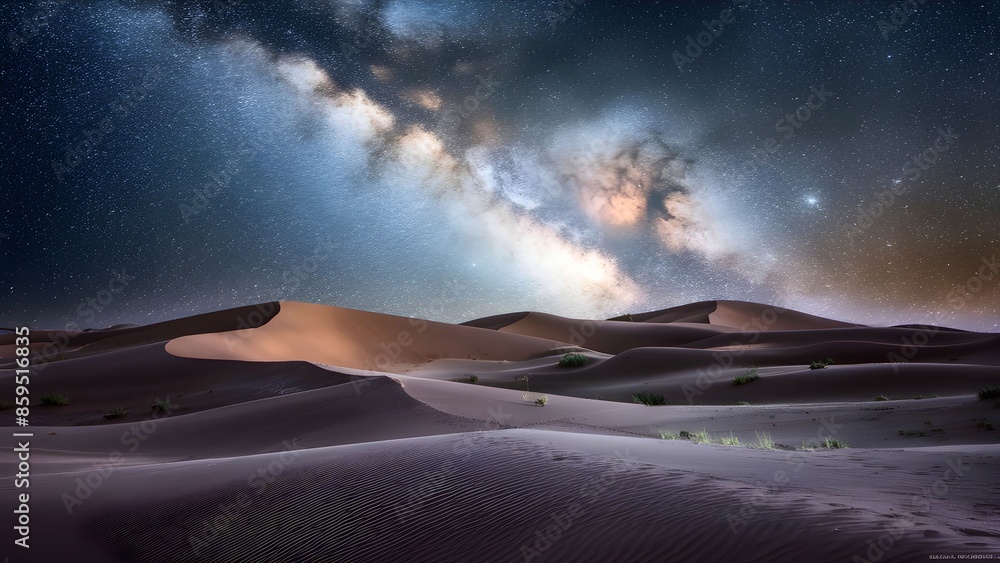 The Milky Way galaxy stretches across the pitch black sky. Above the ...