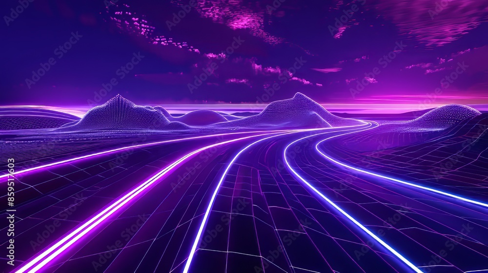 Winding neon digital highway with turn background. Twisting track lines ...