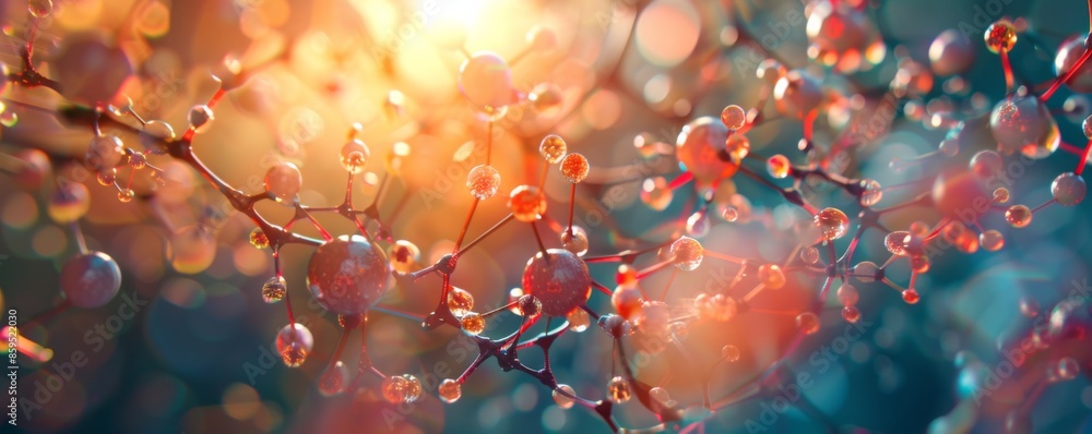 Science close up view on molecule and atom model, panorama banner ...