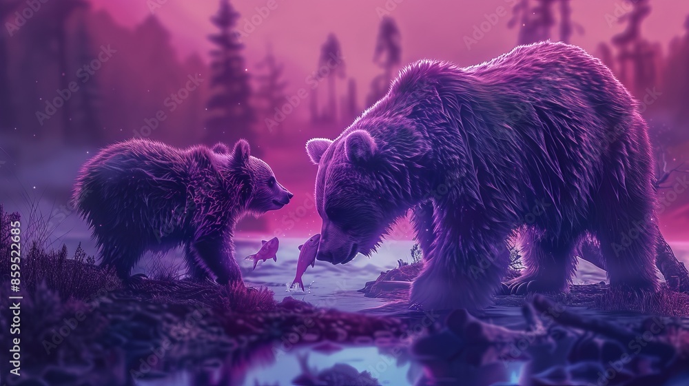 Mama bear teaching cub to catch fish, 80s retrowave style. Generative ...
