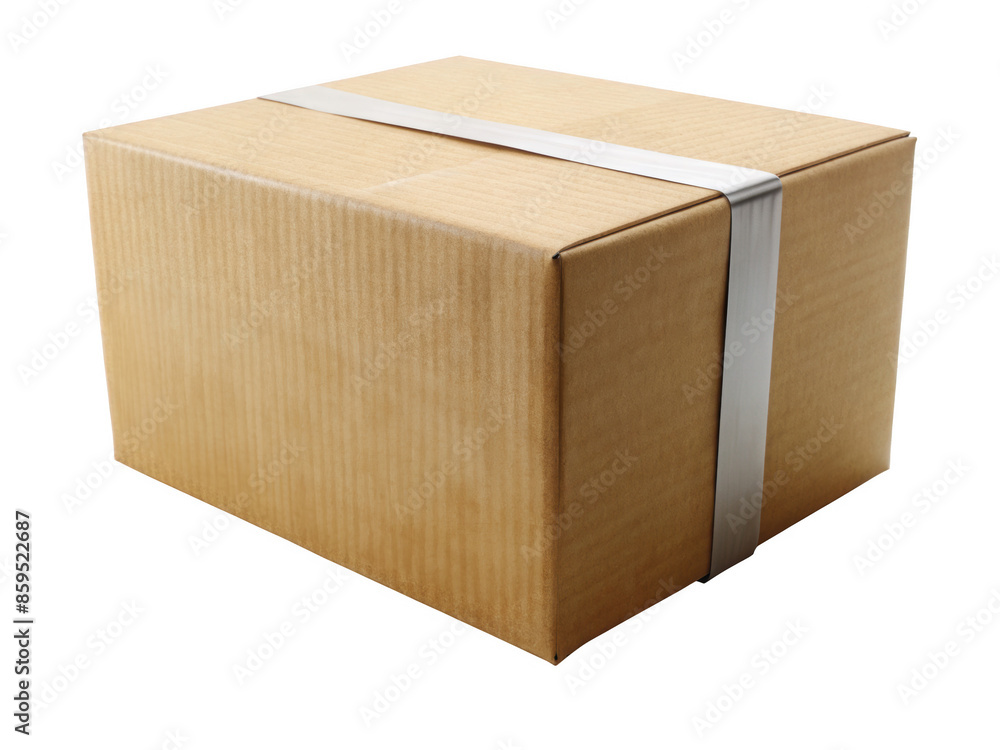 Cardboard box with tape. A plain, brown shipping box sealed with white ...