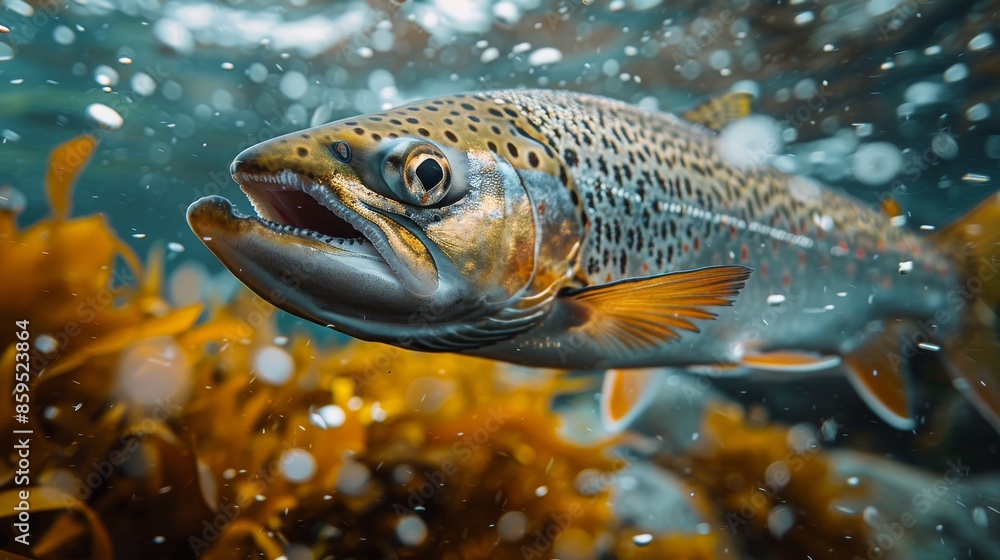 A trout fish, distinguished by its unique speckled pattern and vibrant ...