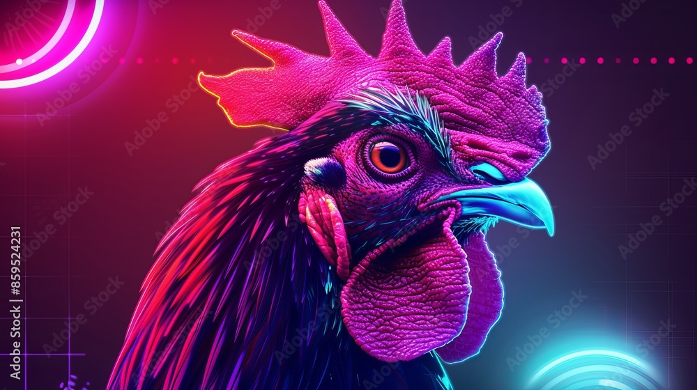 Rooster with colorful neon retrowave background. synthwave rooster ...