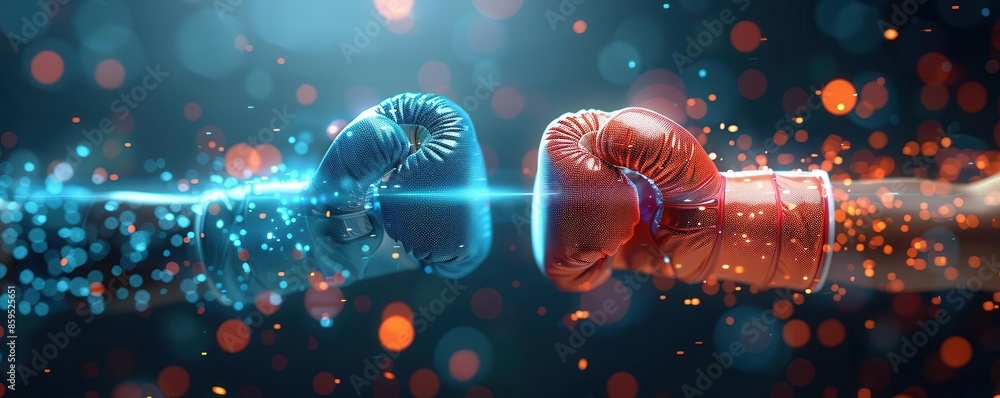 Two boxing gloves facing each other, one blue and one red, representing ...