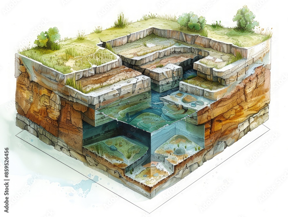 the structure of an aquifer, showing water table, recharge zone ...