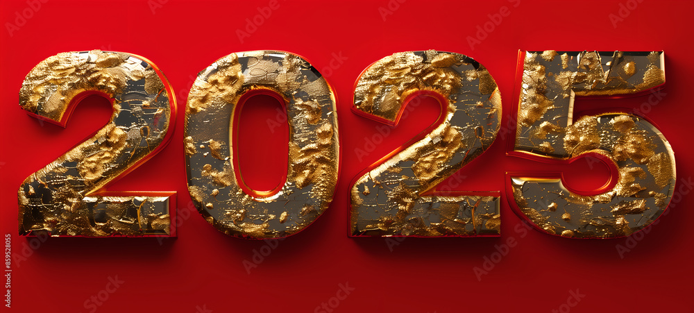 Gold number 2025 red background 3D relief fancy number art word Stock ...