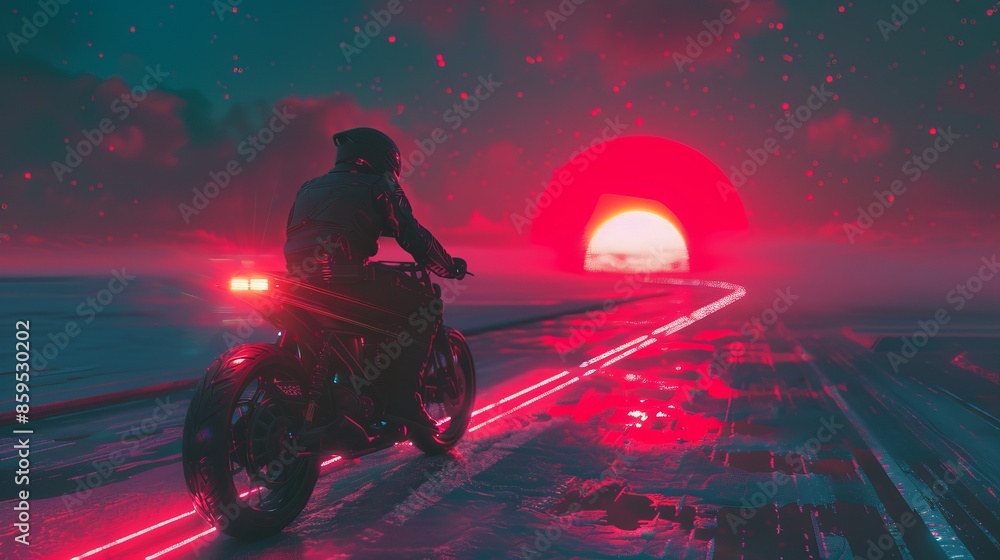 cyberpunk biker on a retrowave sunset with a glitch and high-speed ...