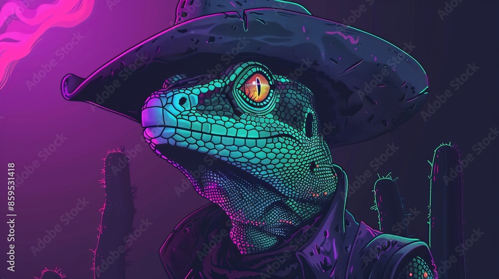 retrowave portrait of a green gecko as a cowboy generative ai ...