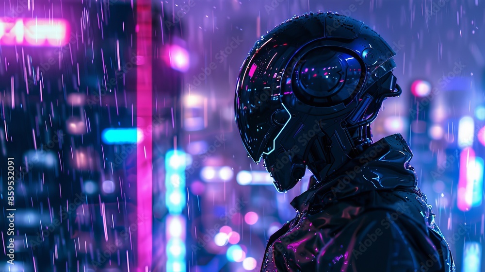 Futuristic robot profile in neon rain - A cybernetic figure ...