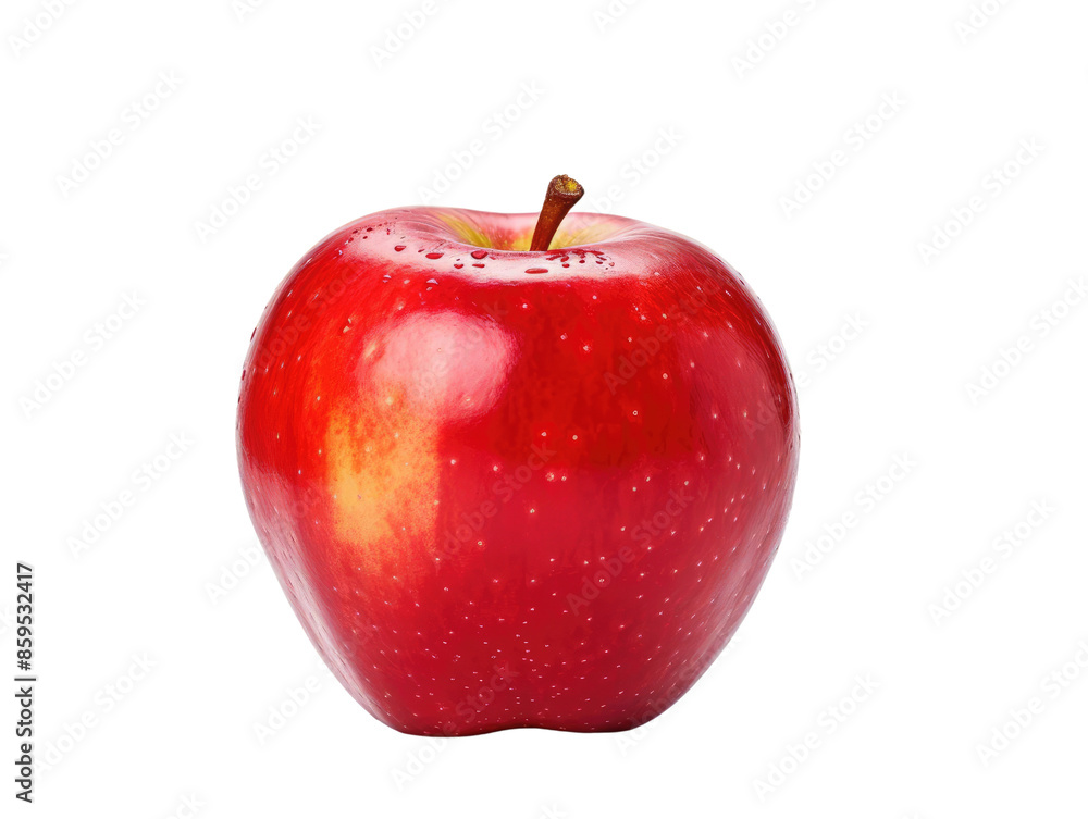 A single, shiny red apple isolated on a white background. The apple is ...
