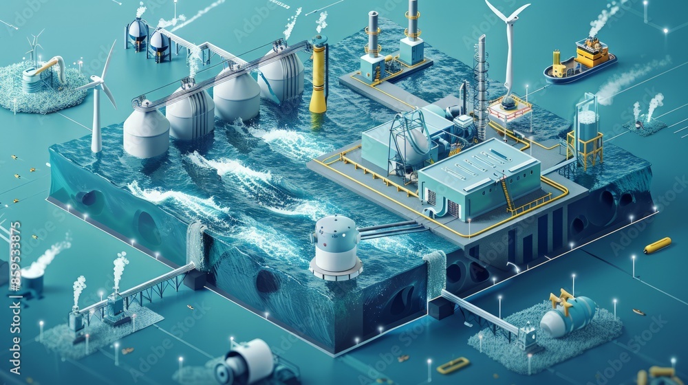 the process of tidal energy generation, showing tidal turbines ...