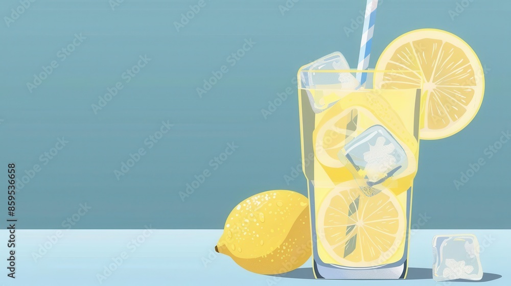 Refreshing lemonade with ice cubes and a striped straw flat design ...
