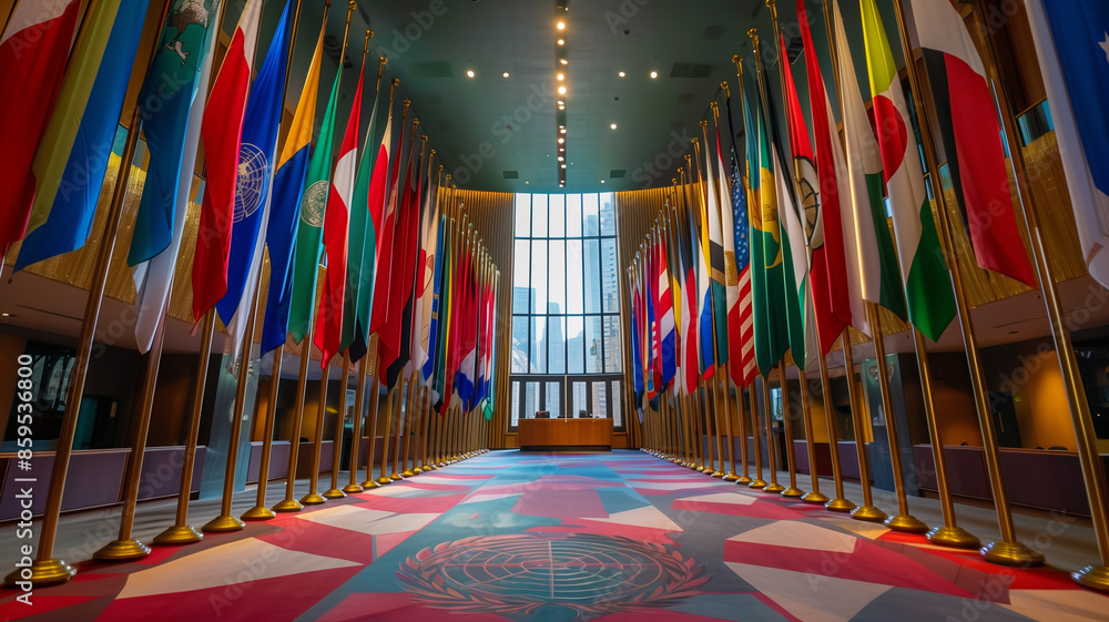 United Nations Day with flags of member countries and symbols of global ...