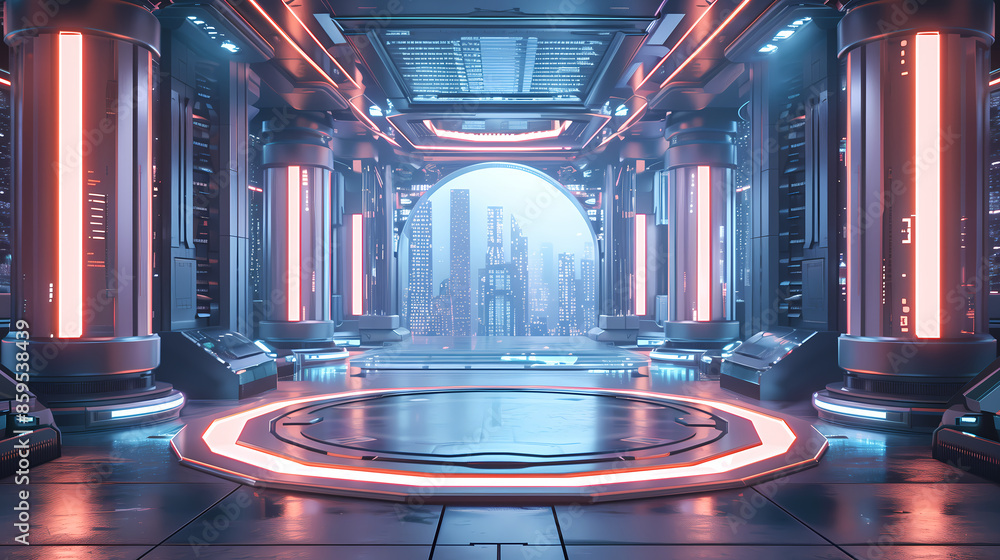 Futuristic Circular Platform Surrounded by Pillars in a High-Resolution ...