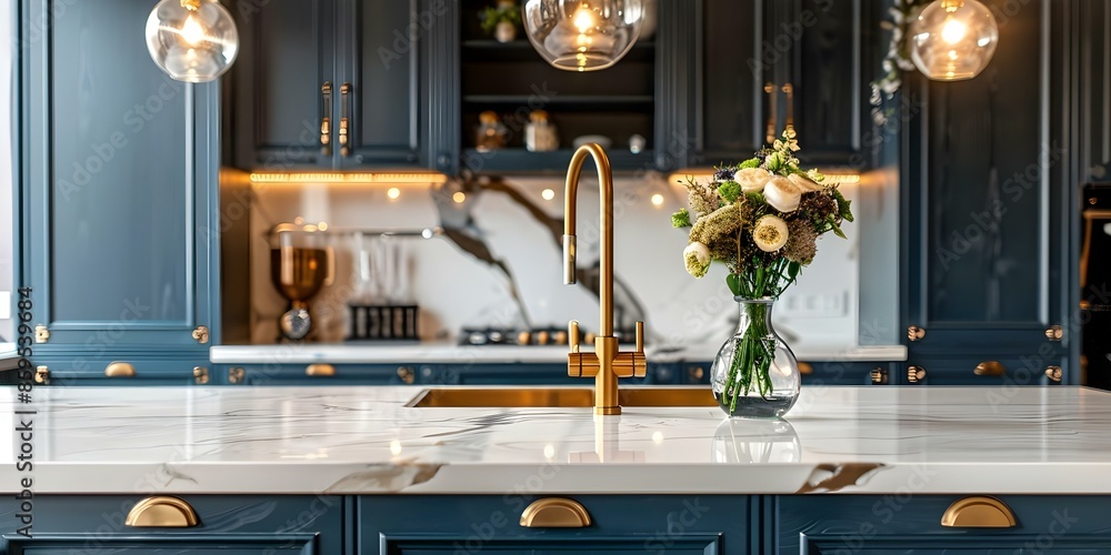 Luxurious kitchen featuring gold faucet and marble countertop showcases ...