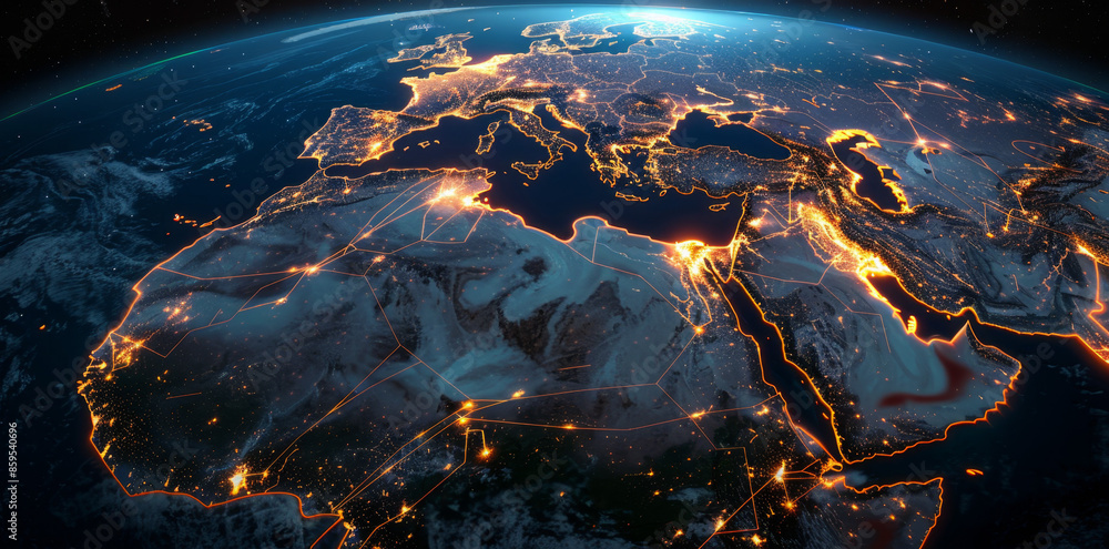 Digital map of the Middle East and North Africa with glowing ...