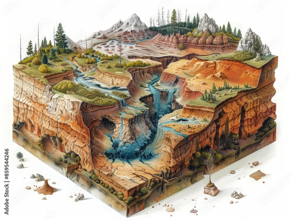 the process of soil formation, showing weathering of rocks, organic ...