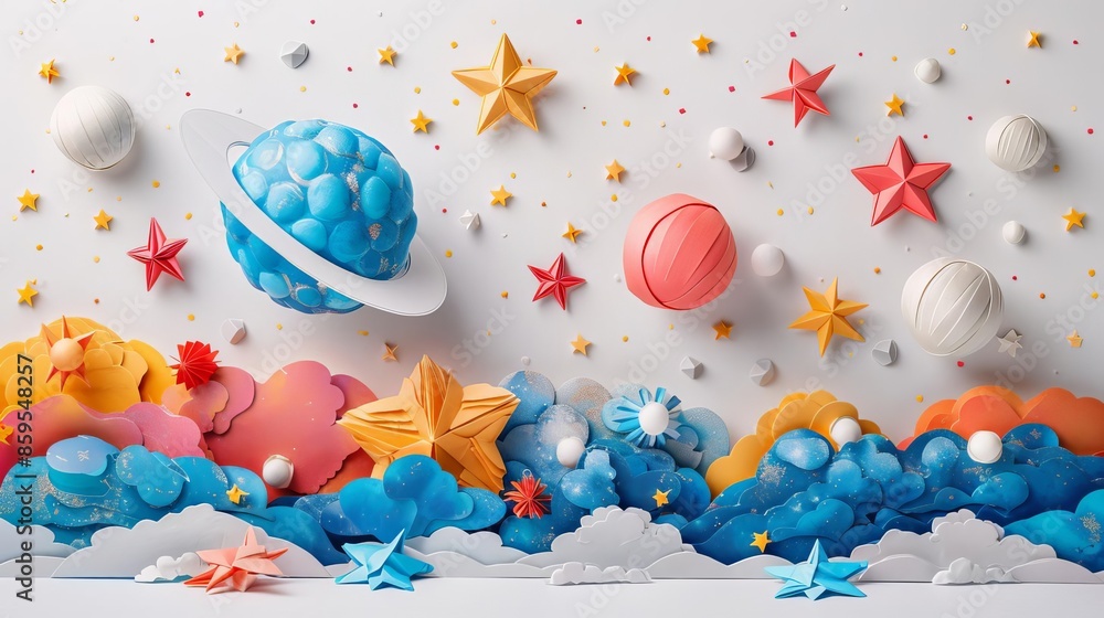 Origami stars and planets, 3D, space theme, white background Stock ...
