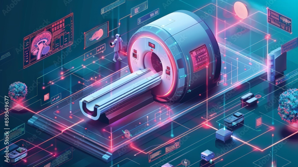 the process of magnetic resonance imaging (MRI), showing magnetic field ...