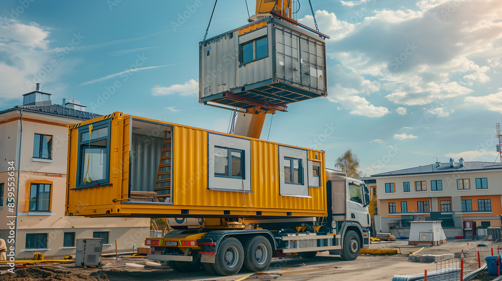 truck with crane lifting container house on construction site for ...
