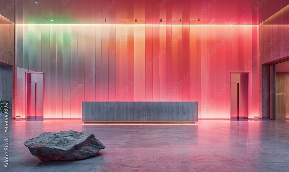 vertical light panels go from pink to acid green hues, creating an ...