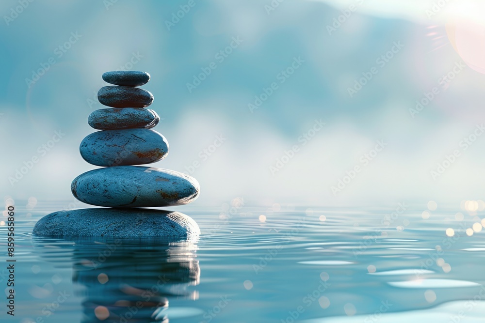 A series of rocks are stacked on top of each other in a body of water ...