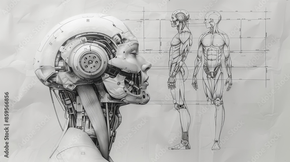 Detailed Technical Blueprint of a Humanoid Robot Head and Full-Body ...
