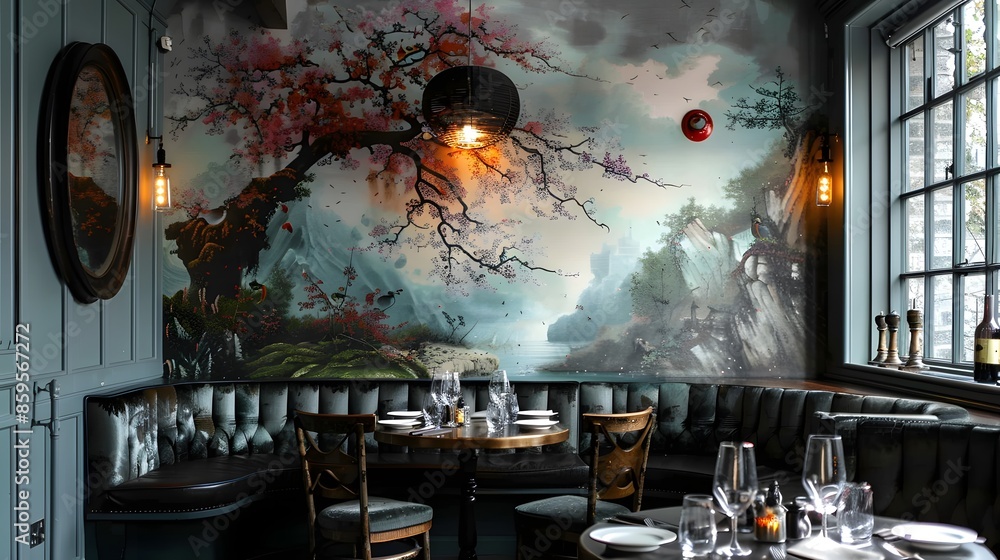 Elegant restaurant interior with stylish mural wall art and ...