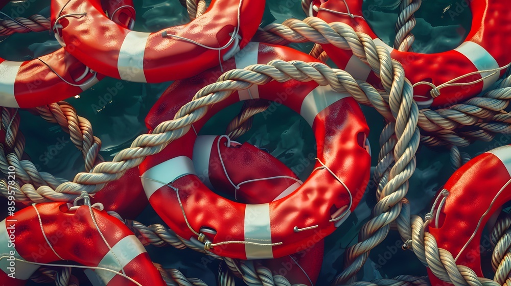 Decorative background with many lifebuoys intertwined with ropes. A ...