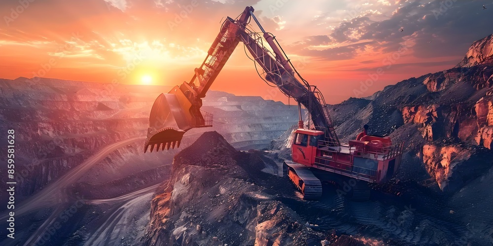 Sunset scene of a massive electric excavator in an open-pit mine ...