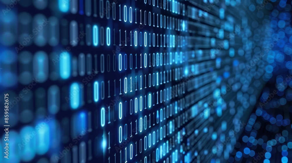 Blue digital binary data on computer screen background hyper realistic ...
