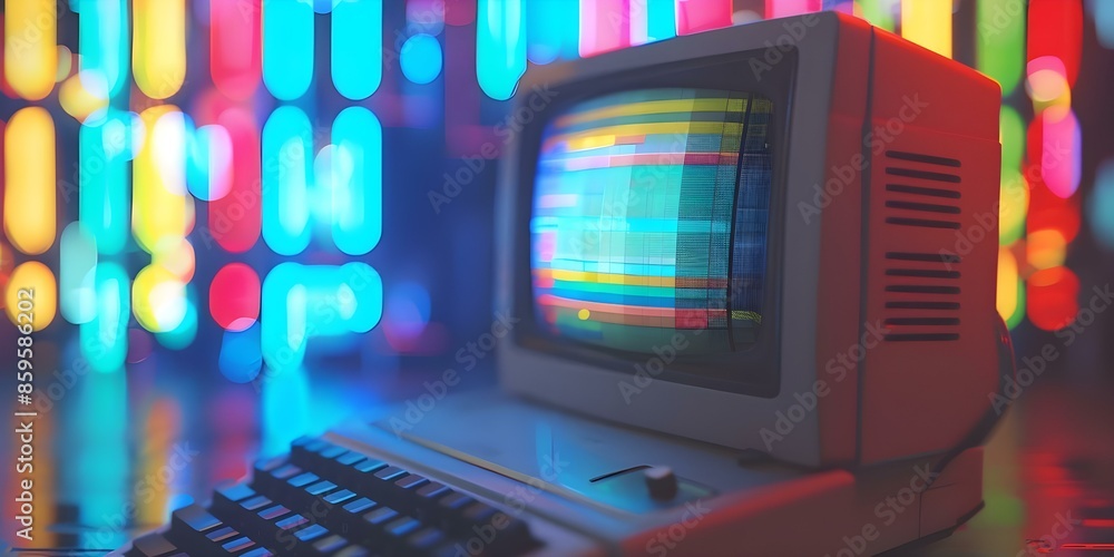 Retro computer screen with 80s style background and glitch effects ...
