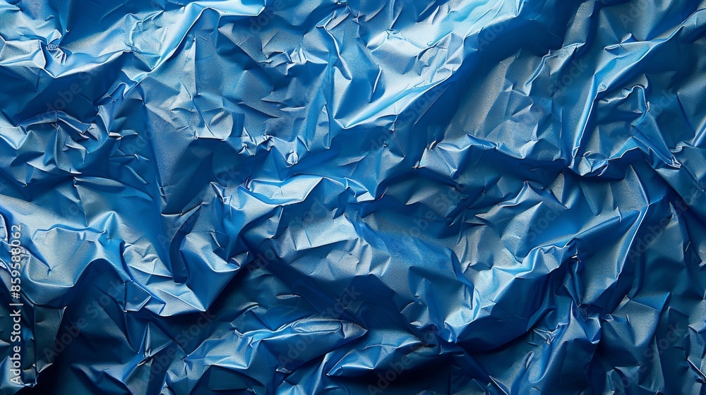 An abstract image of a crumpled blue metallic surface with a shiny ...