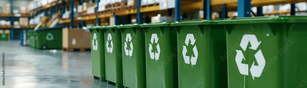 A row of green recycling bins with white recycle symbols stand in a ...