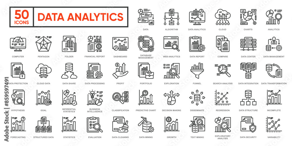 Data analytics icon set. Editable stroke illustration. Vector ui and web icon. Stock Vector ...