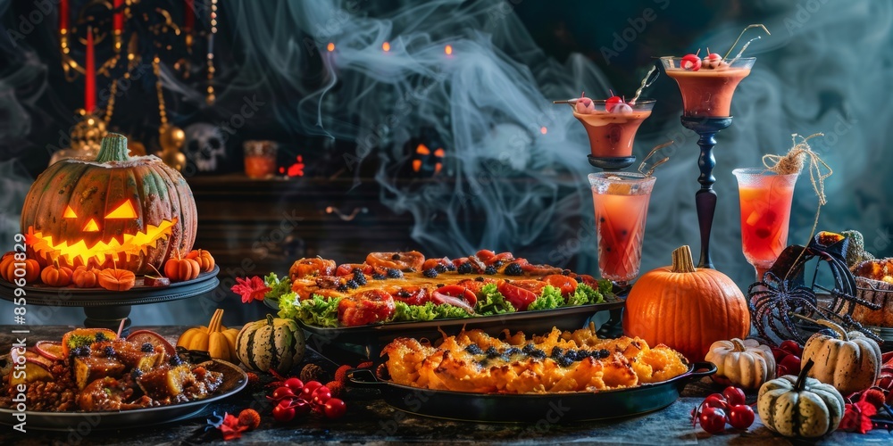Haunted House Dinner Buffet Background with Spooky Casseroles and ...