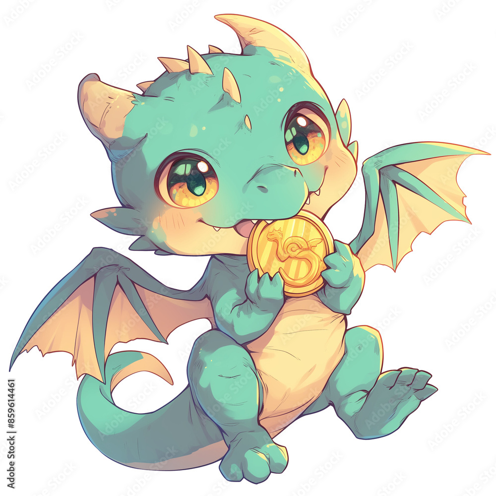 illustration of a baby dragon eating a gold coin, cartoon illustration ...