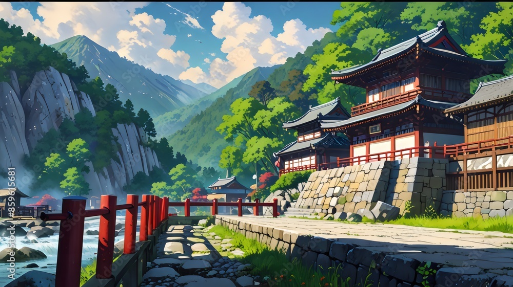 village street illustration, alley, anime, manga style. Peaceful ...