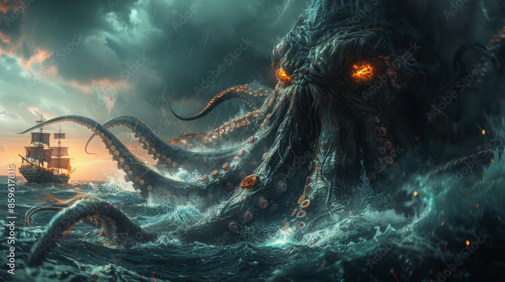 Giant KRAKEN in the sea with storms and waves and scary eyes, the sea ...