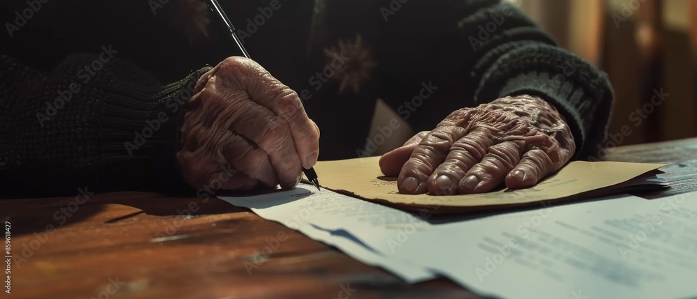 An elderly person with wrinkled hands signing an important document ...