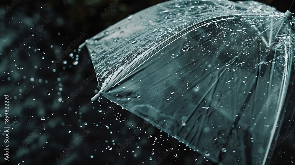 Transparent umbrella under heavy rain against water drops splash ...