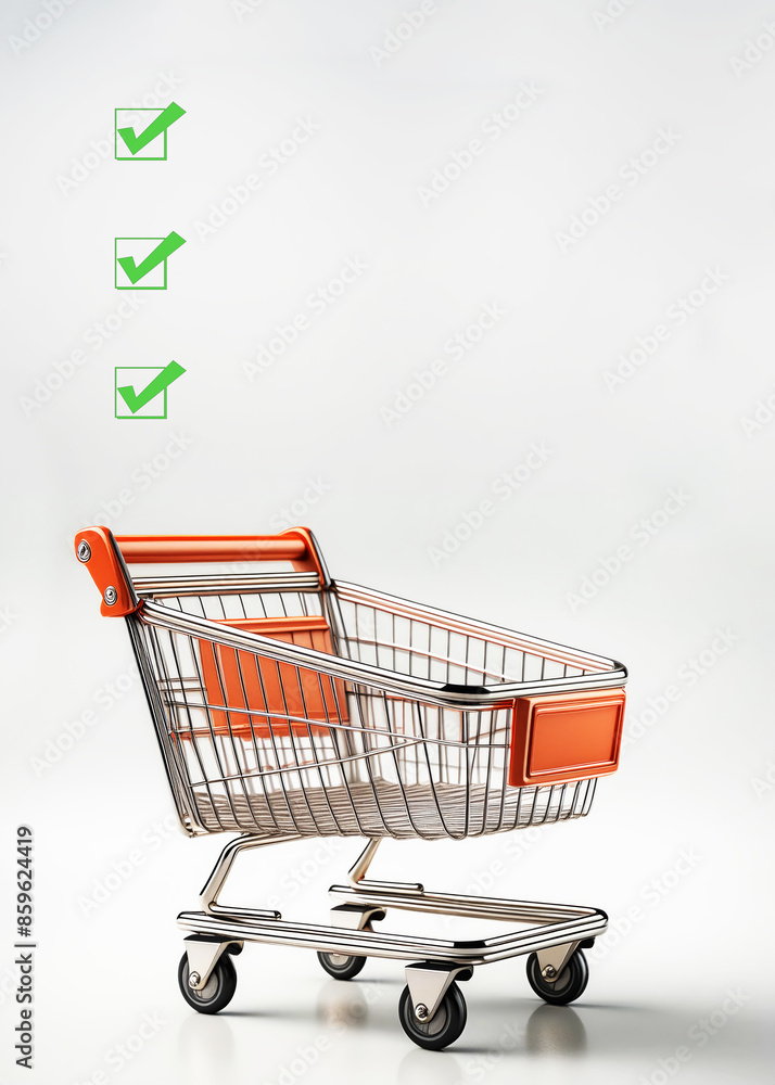 Shopping cart isolated on white background with three checkboxes marked ...