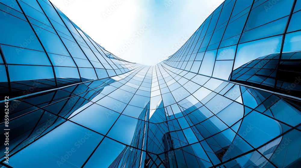 Modern curved glass building reflecting sky and city. Abstract ...