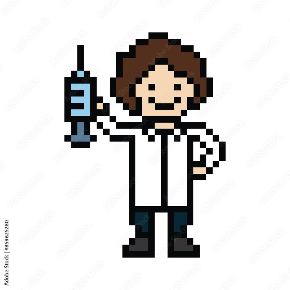 Cute pixel cartoon 8bit character doctor or scientist game care vector ...