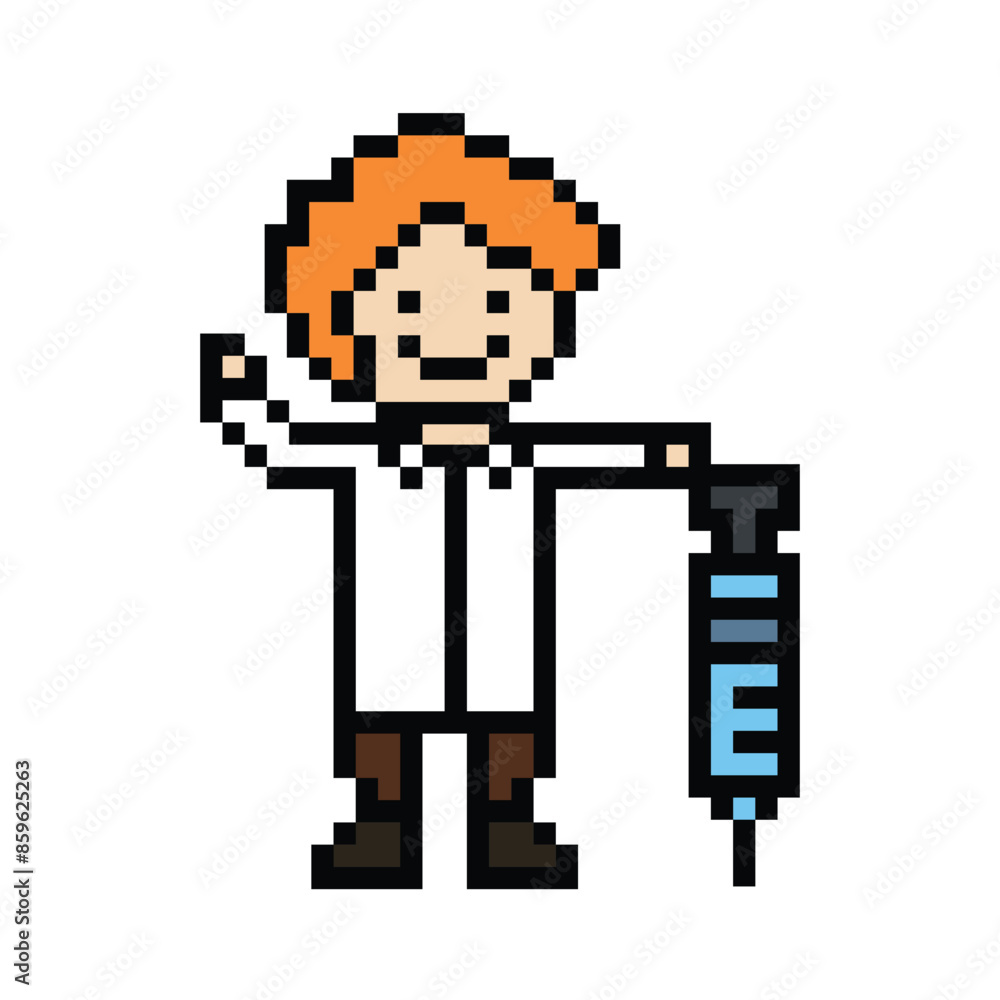 Cute pixel cartoon 8bit character doctor or scientist game care vector ...