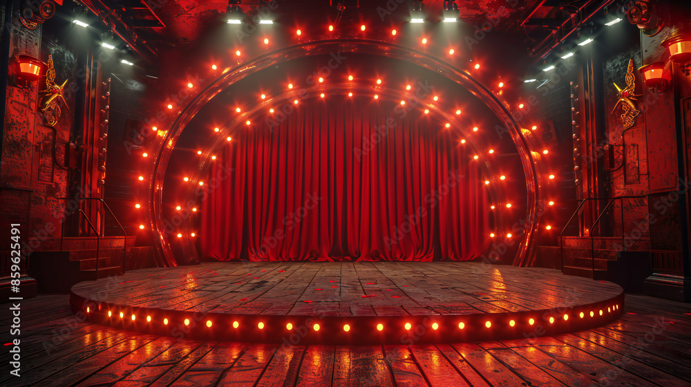 Circus stage podium background 3D carnival light red show curtain ...