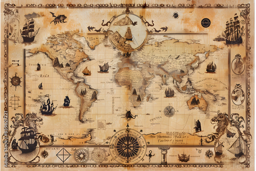Exquisite Antique Map Featuring Exploration Routes, Mythical Creatures ...