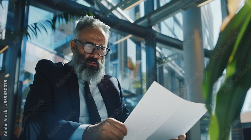 Serious and focused mature boss working inside modern office building ...