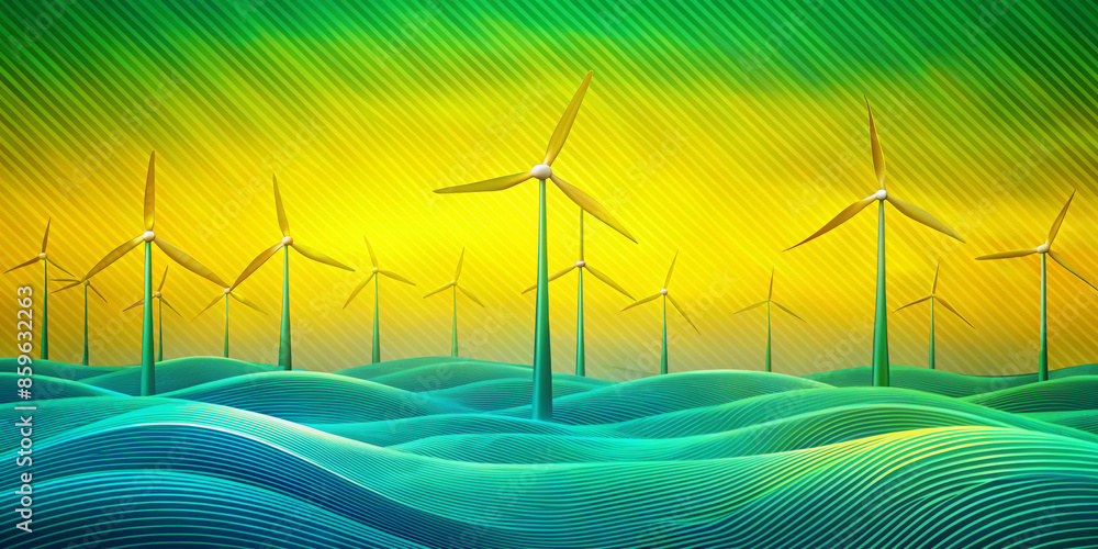 Several wind turbines are evenly spaced over a stylized,undulating ...